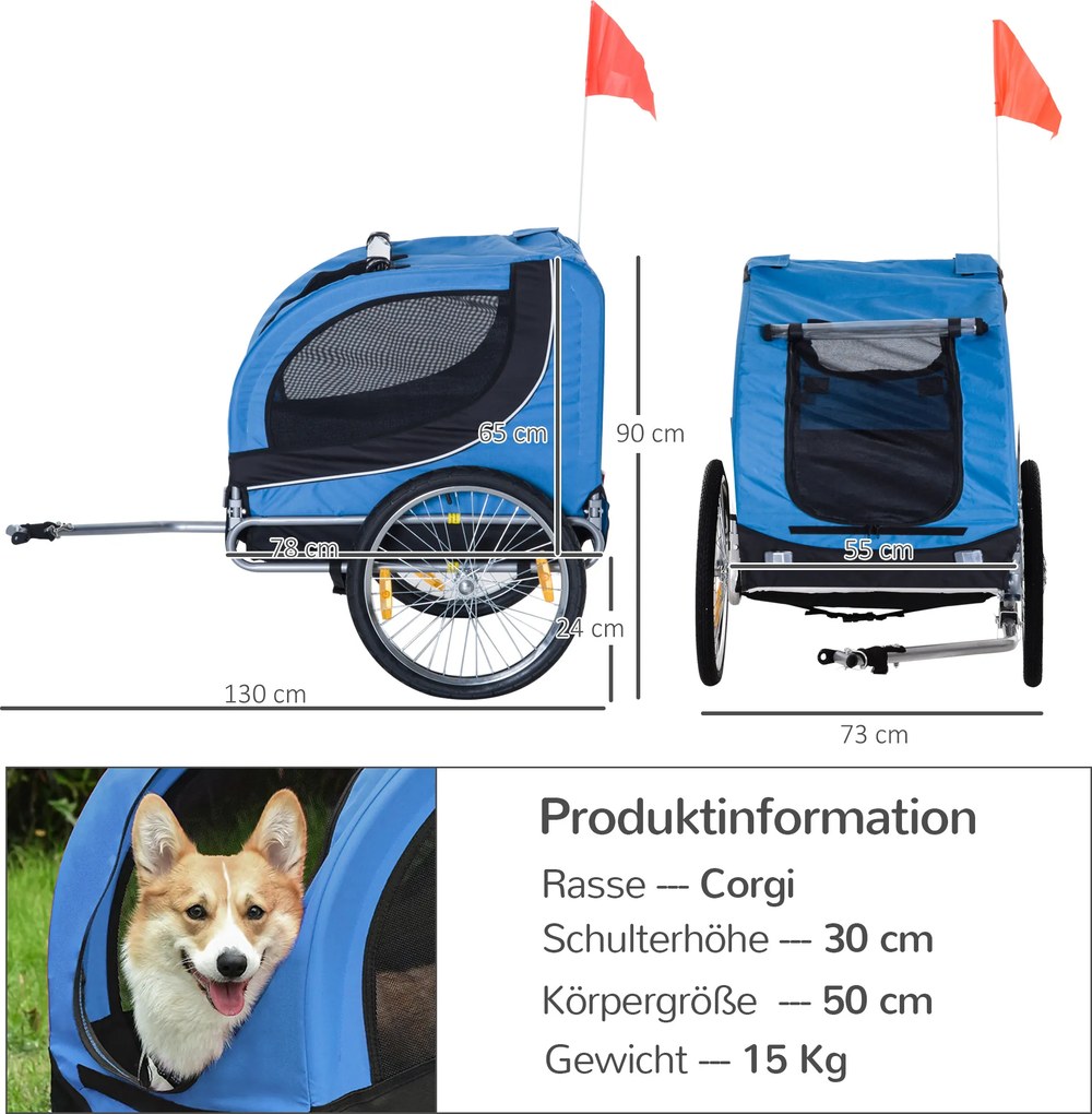 PawHut přívěs pro psy přívěs na kolo přívěs pro psy, přívěs pro psy, modrý+černý, 130x73x90cm