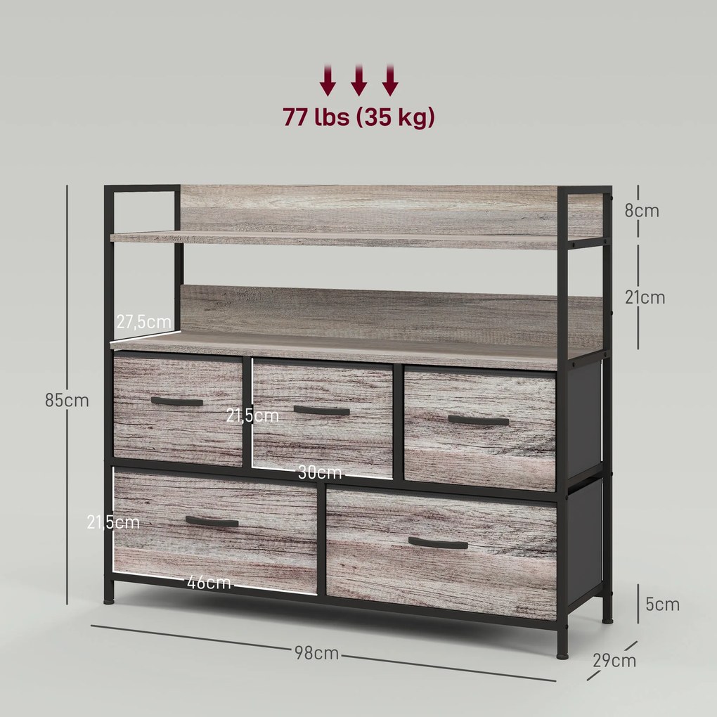 HOMCOM Komoda se 5 textilními zásuvkami, úložná skříň, prádelník se 2 policemi, ocelová konstrukce, industriální design pro obývací pokoj, ložnici - …