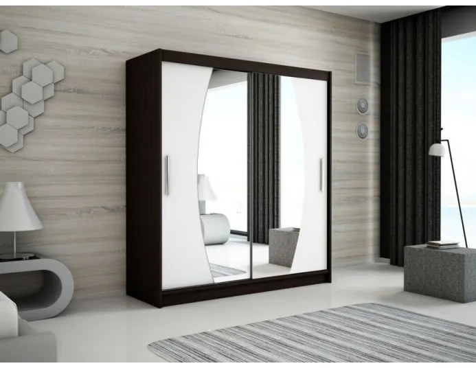 Prostorná skříň s posuvnými dveřmi a oválnými zrcadly Dita 180 v barvě wenge-bílá