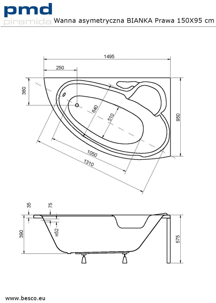 Hopa BIANKA 150 x 95 cm VANBIAN150P+OLVPINOZ vana vč. nožiček pravá