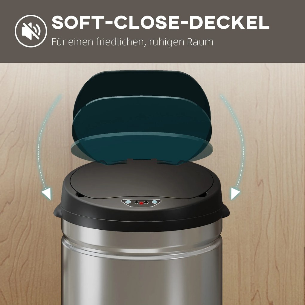 HOMCOM 42l senzorem řízený odpadkový koš s funkcí Soft-Close, bezdotykový odpadkový koš z nerezové oceli pro hygienické kuchyně 851-048V00SR