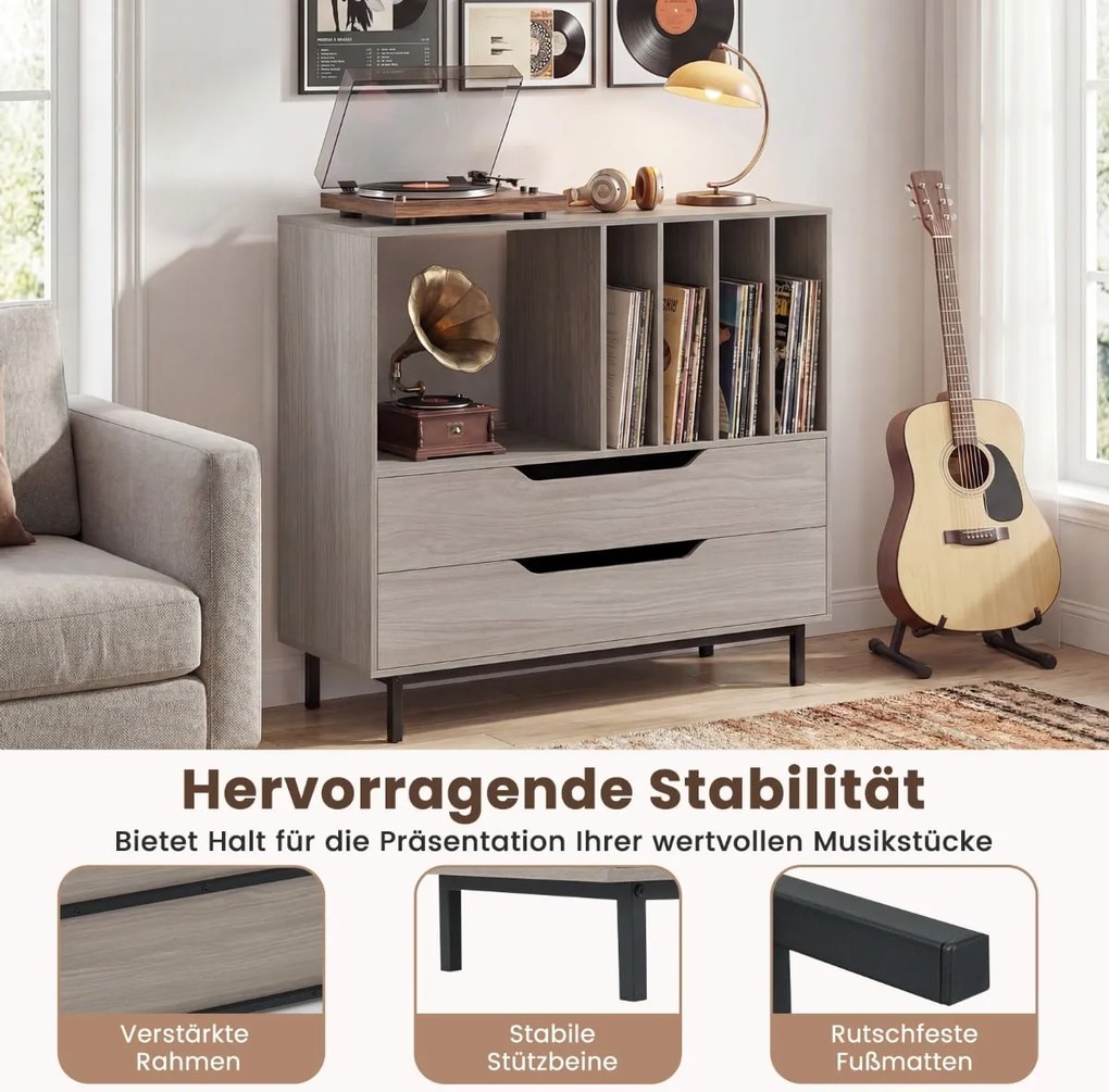 Costway Stojan na gramofon s 4 vinylovými přihrádkami a 2 zásuvkami