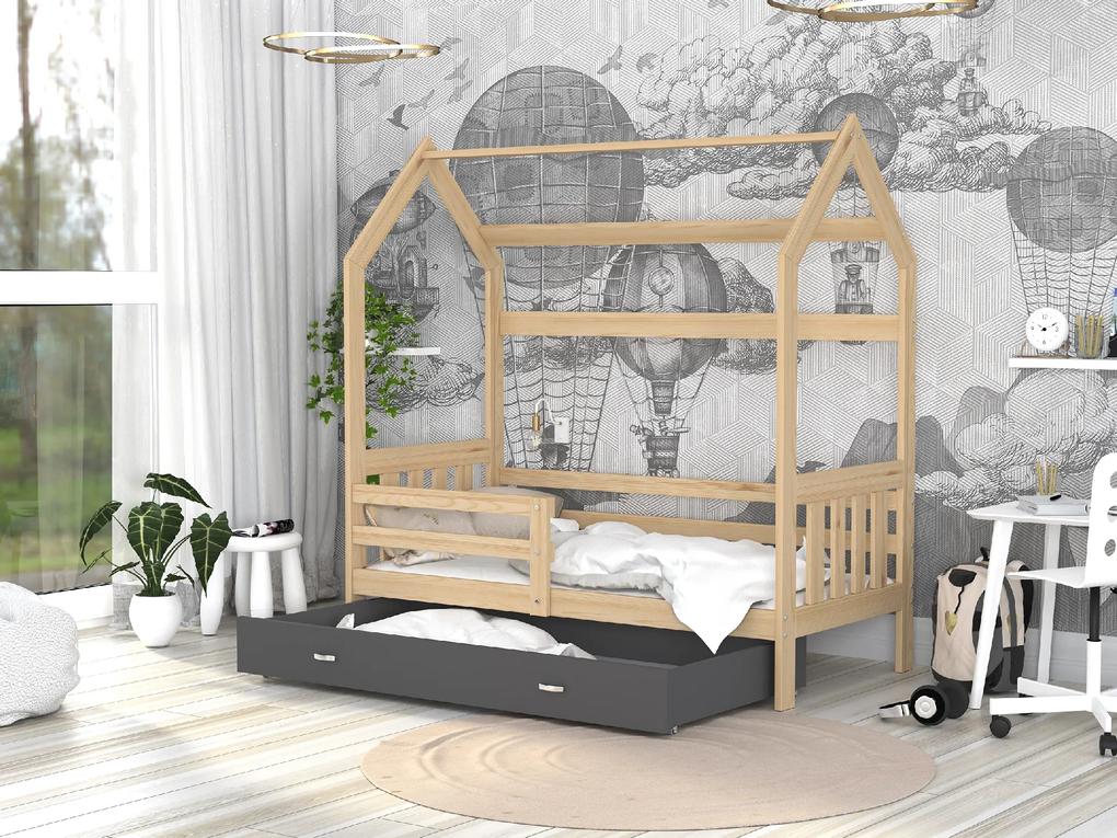 BabyBeds Dětská postel domeček se zábranou a úložným prostorem borovice Velikost postele: 190x80 cm, Barva šuplíku: Růžová