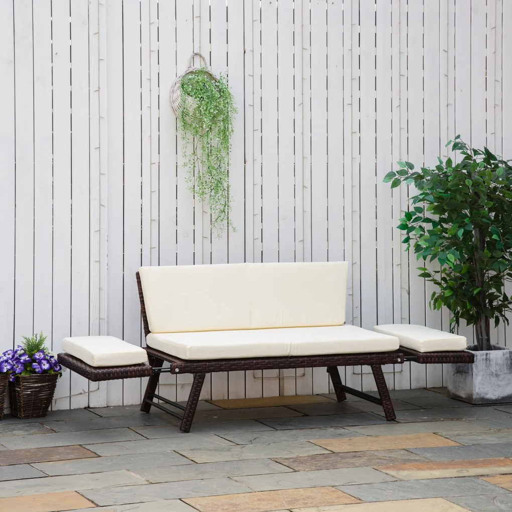 Outsunny polyratanová zahradní pohovka 2místná rozkládací zahradní nábytek lounge pohovka s područkami ocelová hnědá 129x63x67 cm na terasu a balkon …