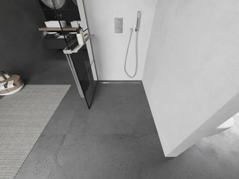 Mexen Kioto+ L, sprchová zástěna Walk-In s poličkou a věšákem 70 x 200 cm, 8mm čiré sklo černý vzor, broušená ocel profil, 800-070-123-97-77