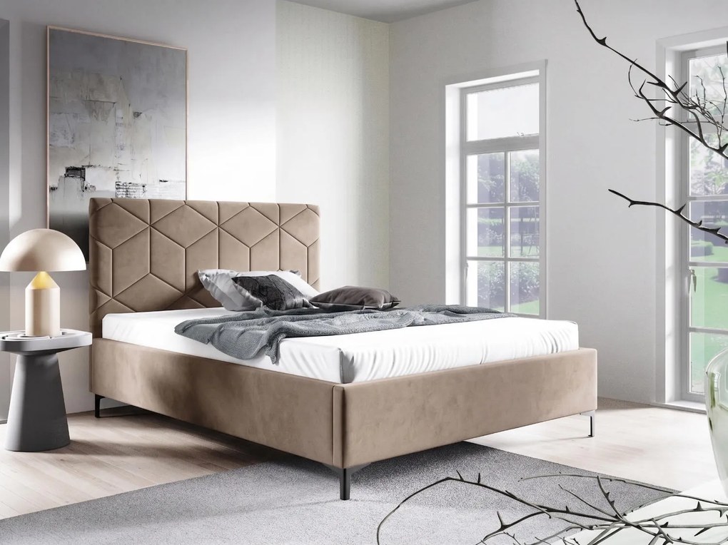 Eka Čalouněná postel BOX+ 140x200 cm Barva látky Trinity: Béžová (Trinity 2304), Úložný prostor: Bez úložného prostoru, Barva nožek postele: Stříbrná