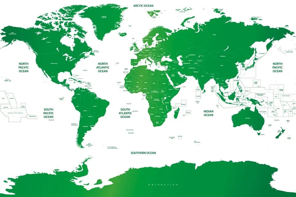 Tapeta mapa světa s jednotlivými státy v zelené barvě - 375x250 cm