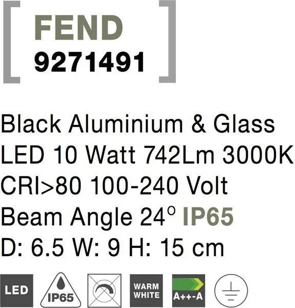 NV 9271491 Venkovní nástěnné svítidlo FEND černý hliník a sklo LED 10W 3000K 100-240V 24st. IP65 - NOVA LUCE