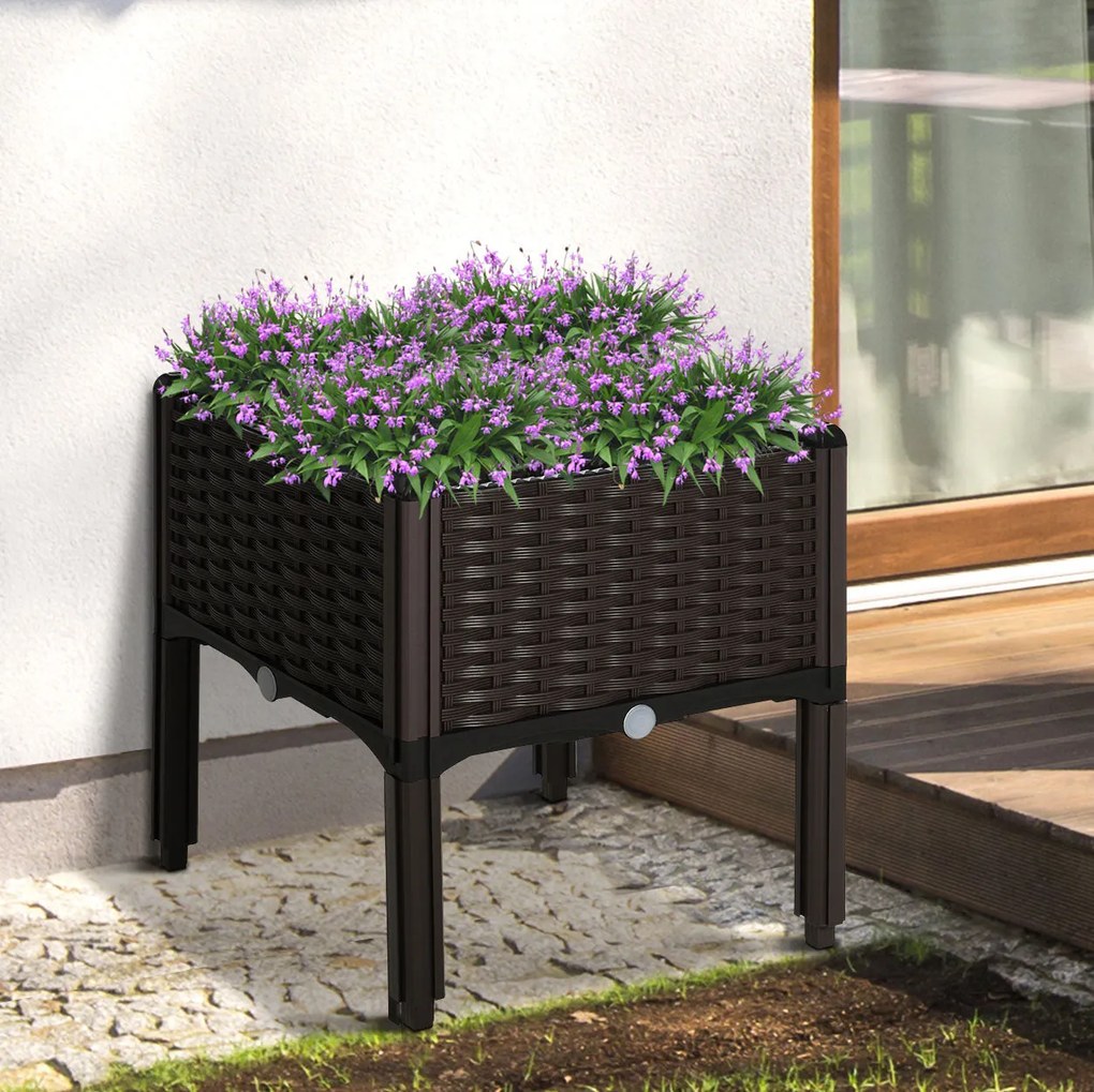 Zvýšený záhon Outsunny, květináč s drenážními otvory, květinový box v ratanovém vzhledu, plast, hnědý, 40 x 44 cm