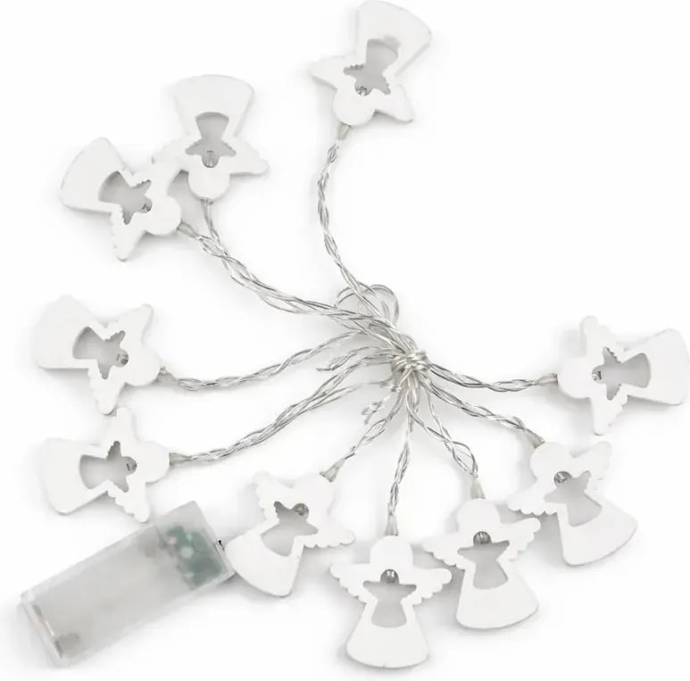 LED světýlka na baterie, dřevění andílci, 2 m, teple bílá, 10 diod, čirý kabel, IP20 interiér, 2 × AA