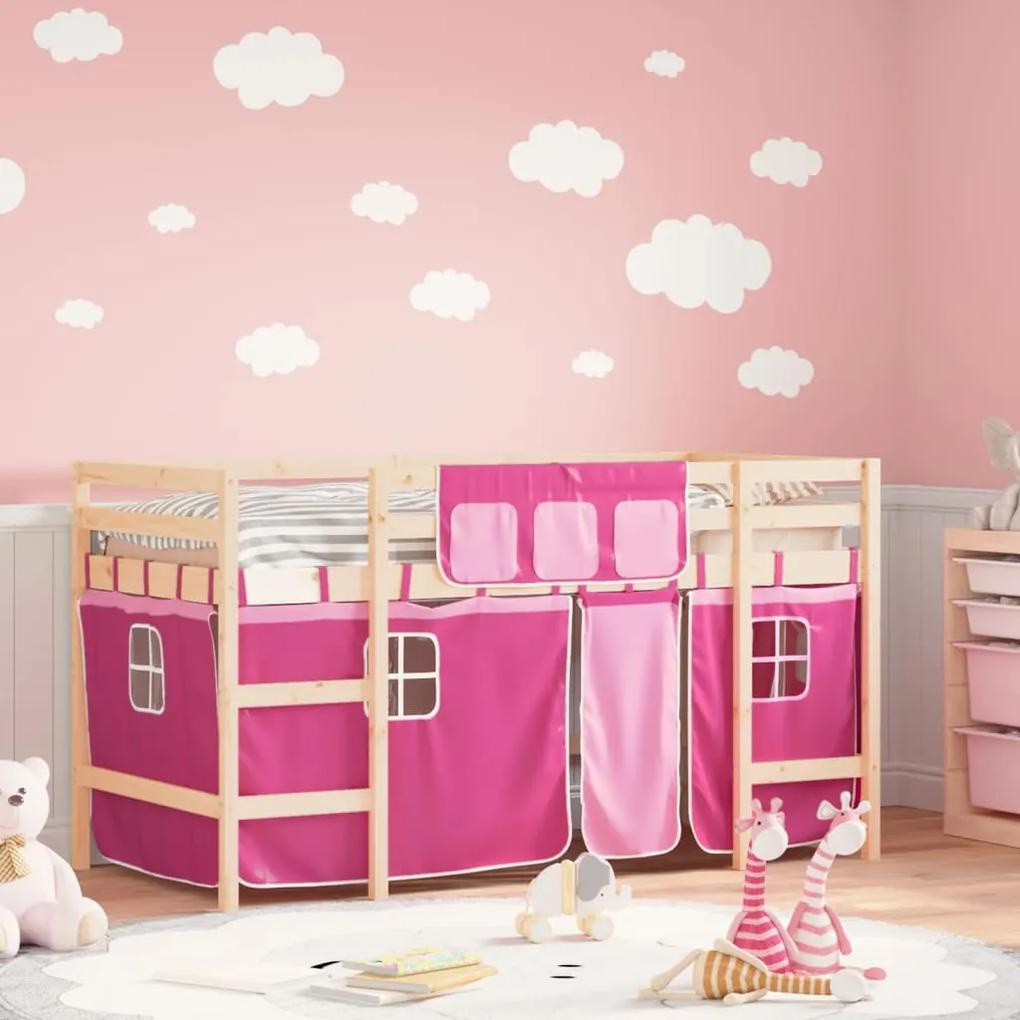 Dětská patrová postel se závěsy růžová 90 x 190 cm borovice - Default Title