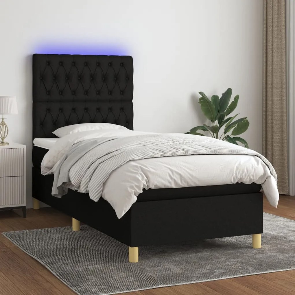 Box spring postel s matrací a LED černá 90x200 cm textil 3135647