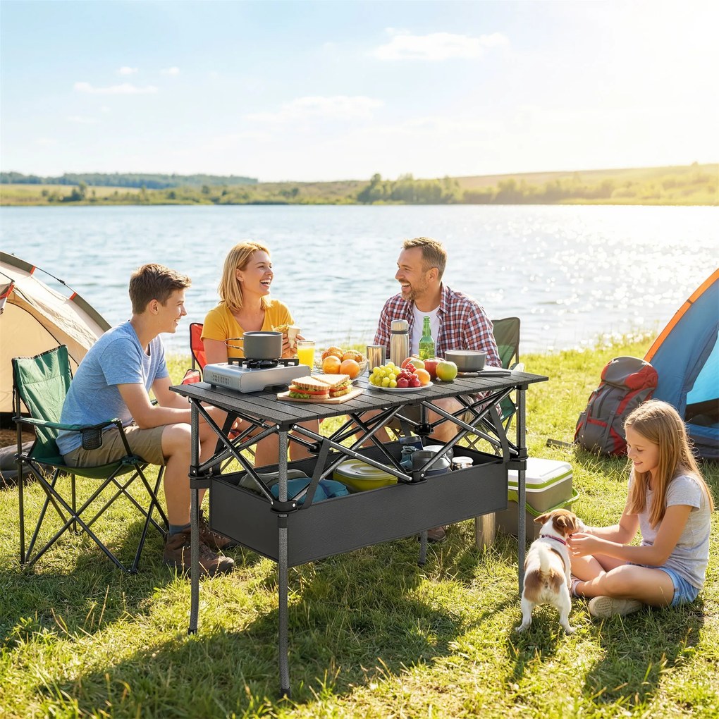 Outsunny Skládací pojízdný piknikový stůl Přenosný kempinkový stůl se síťovaným podnosem a taškou na přenášení pro venkovní použití, černý