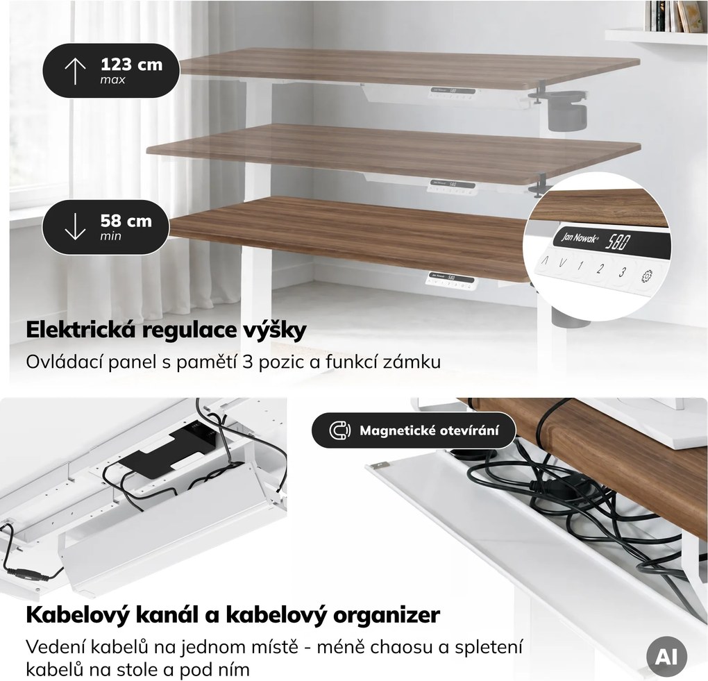 Elektrický stůl s nastavitelnou výškou ergonomický bílý/ořech,1400x700 mm: ARIA
