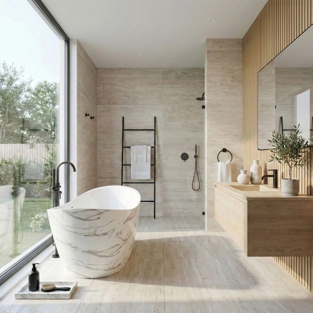 Rea Ferrano Slim, volně stojící vana 170x73 cm, imitace kamene, měděný click-clack, KPL-W8505