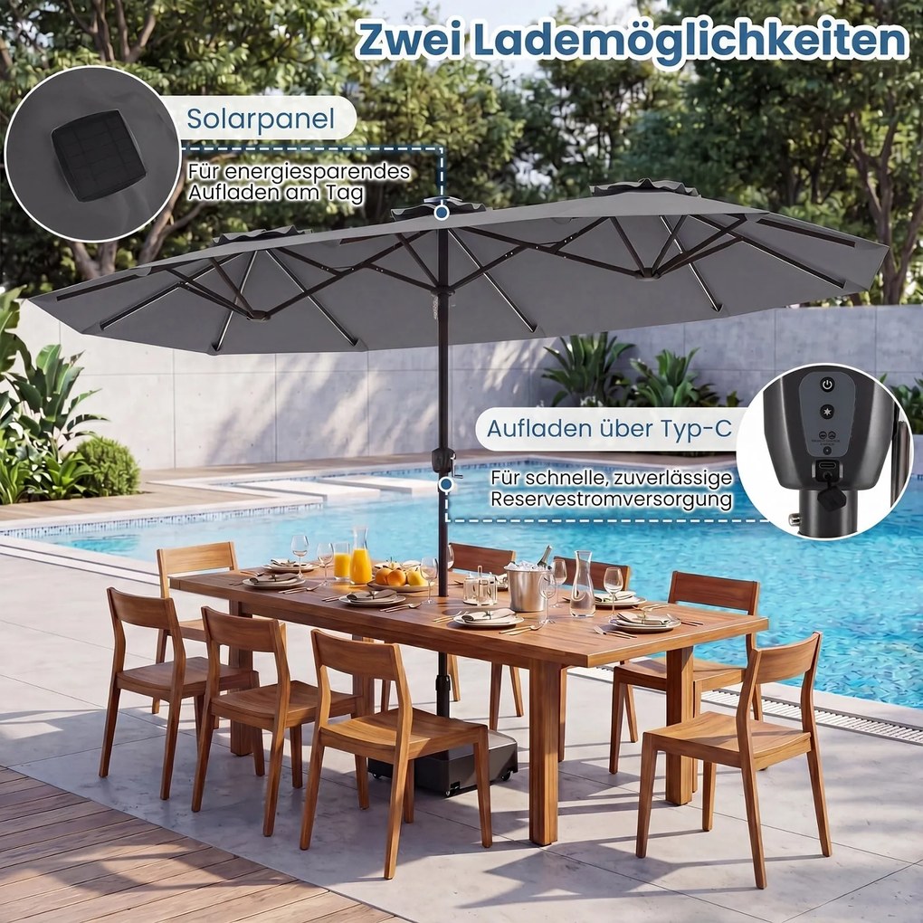 Costway Dvojitý slunečník s LED osvětlením Obdélníkový – 400 × 210 cm, šedá