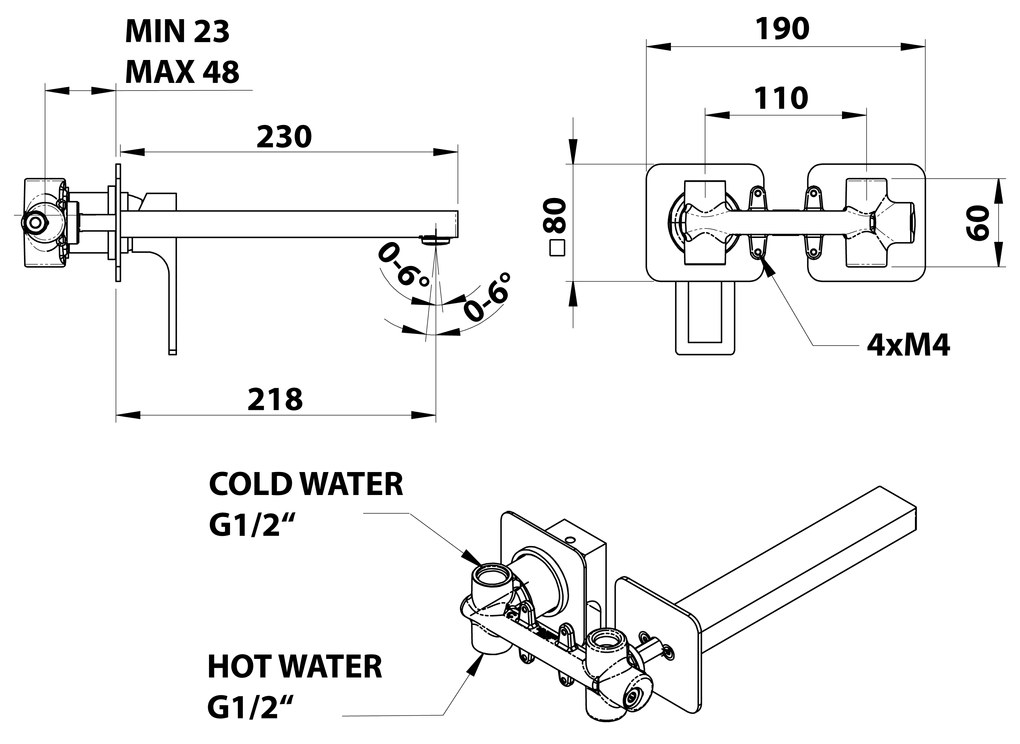Sapho Sapho, FORATA podomítková umyvadlová baterie, délka hubice 23cm, černá mat