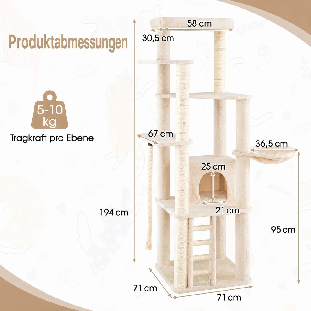 Costway Vícepatrové škrabadlo pro kočky 194 cm, béžové