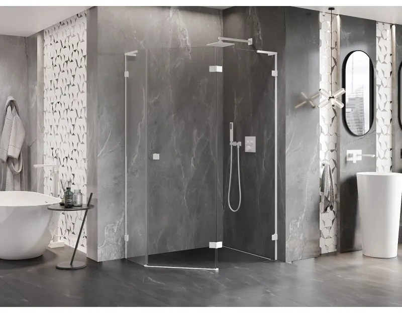 Mexen Lunar, L pravý výklopný pětiúhelníkový sprchový kout 100 x 80 cm, 8mm čiré sklo, bílý profil, 831L-100P-080L-20-00-P