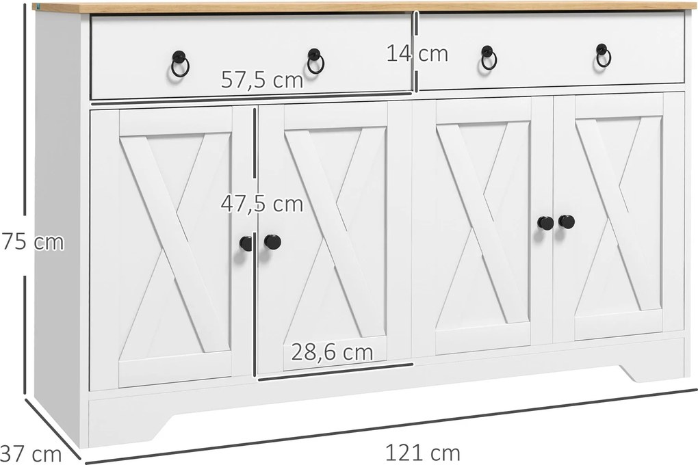 HOMCOM Úložný kabinet do kuchyně v venkovském stylu s 2 zásuvkami a 2 skříňkami s nastavitelnými policemi - rozměry 121D x 37Š x 75V cm bílý