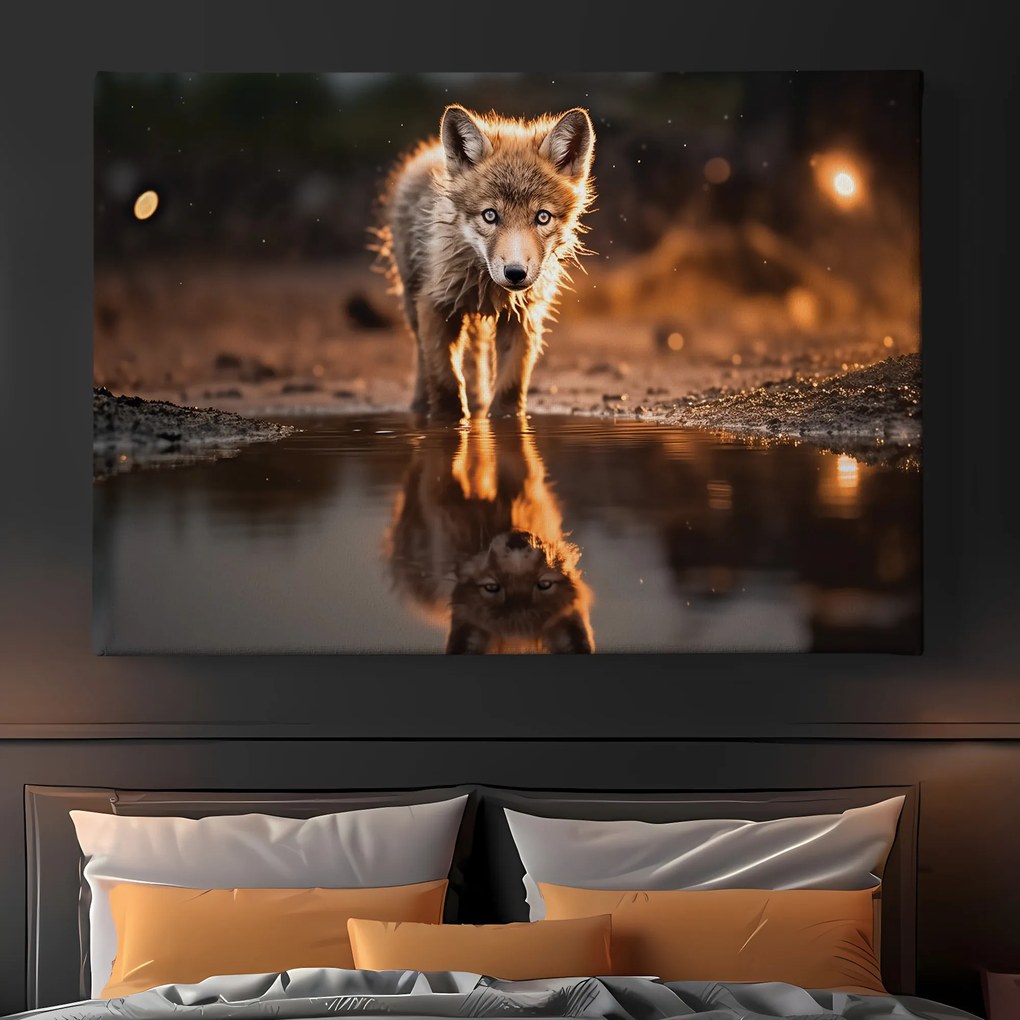 Obraz na plátně - Mládě vlka v louži FeelHappy.cz Velikost obrazu: 60 x 40 cm