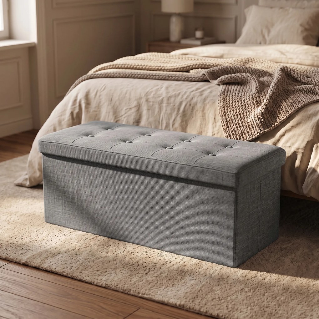 Obdélníkový taburet s úložným prostorem, skládací, 110 × 38 × 38 cm, šedý