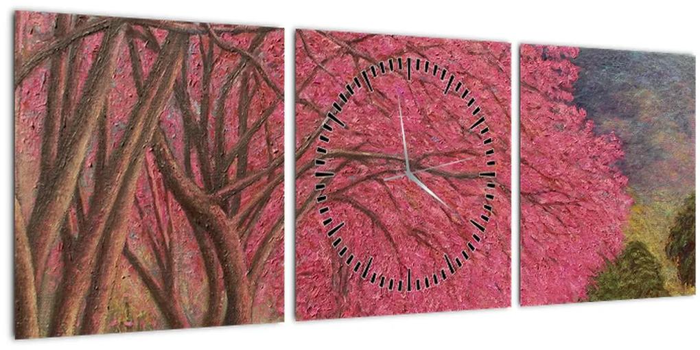 Obraz rozkvetlých stromů (s hodinami) (90x30 cm)