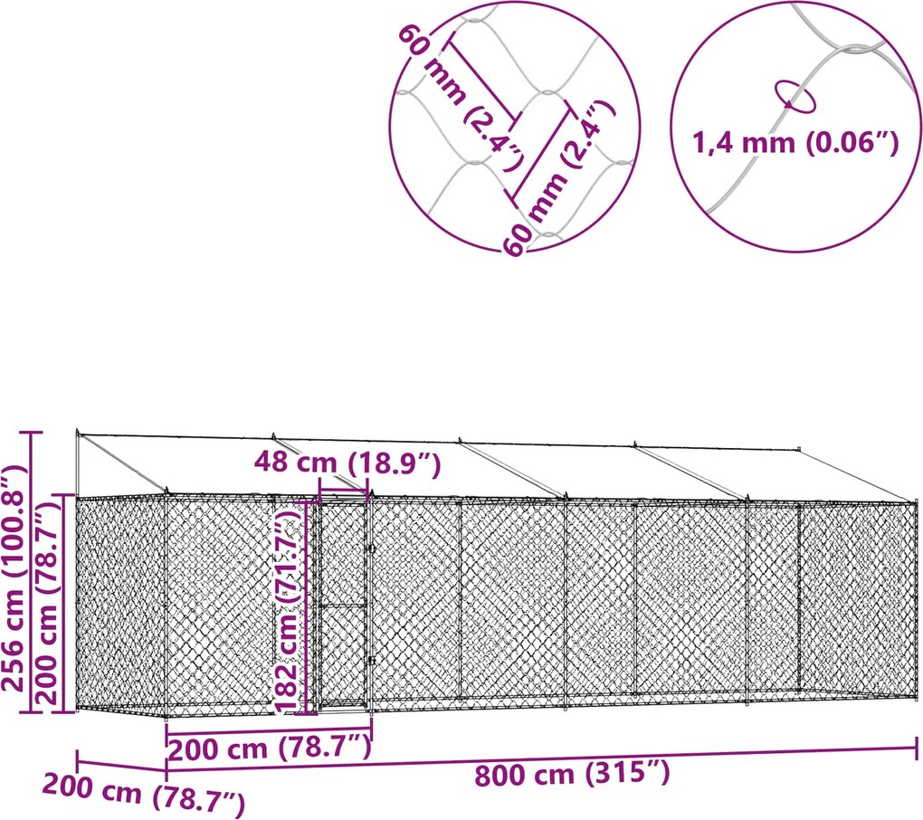 Psí klec s střechou Stříbrná 800 x 200 x 256 cm Ocel a PE 3368303