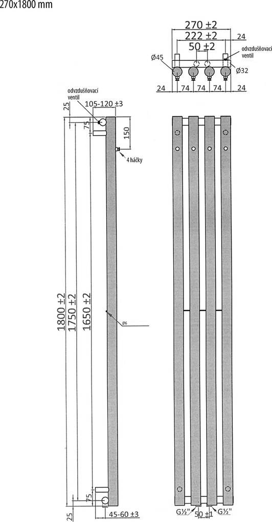 Sapho Sapho, PILON topné těleso 270x1800mm, se 4 háčky, černá mat, IZ122T