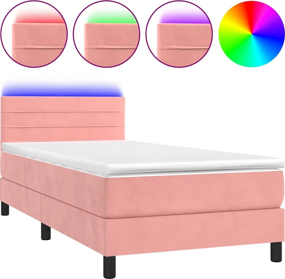 Box spring postel s matrací a LED růžová 90x190 cm samet 3134440