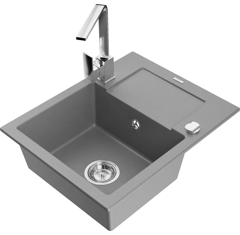 Mexen Enzo, granitový dřez 576x465x174 mm, 1-komorový a chromová baterie Rita, šedá, 6506-71-670300-00
