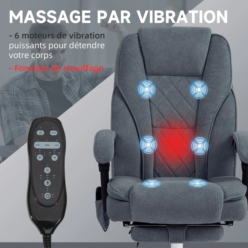 Vinsetto Masážní kancelářská židle s vytápěním - ergonomická židle s nastavitelnou výškou, sklápěním opěradla, drátovým ovladačem, zasouvatelným opěr…