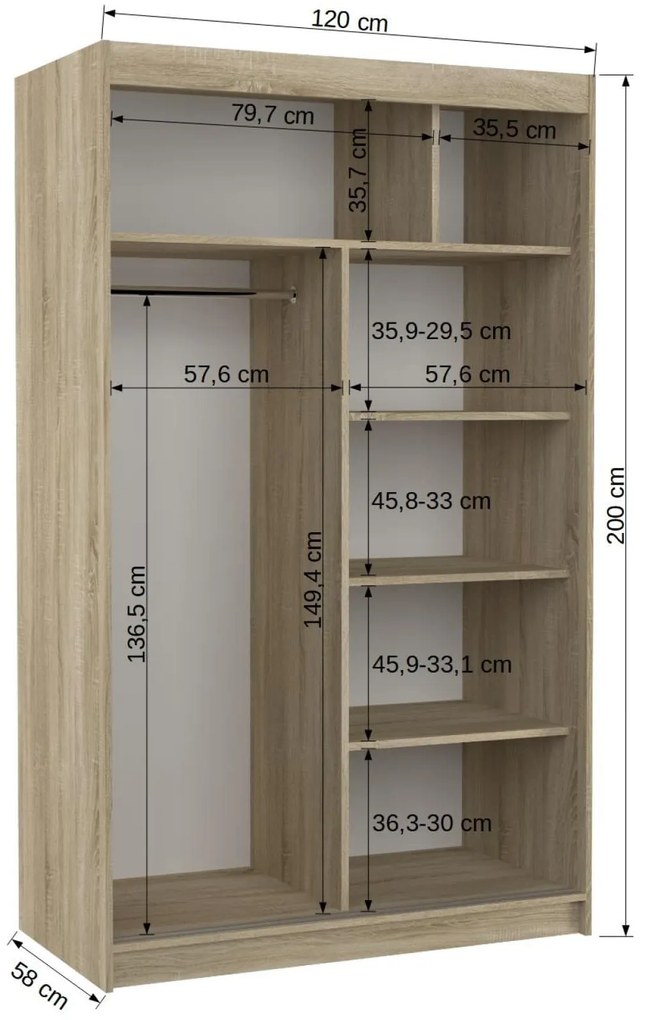 Šatní skříň s posuvnými dveřmi Lugano - 120 cm Barva: dub Sonoma