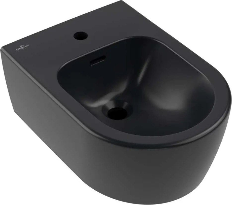 Villeroy & Boch Skyla - Závěsný bidet 530x370 mm, s přepadem, otvor pro baterii, CeramicPlus, Pure Black 448200R7