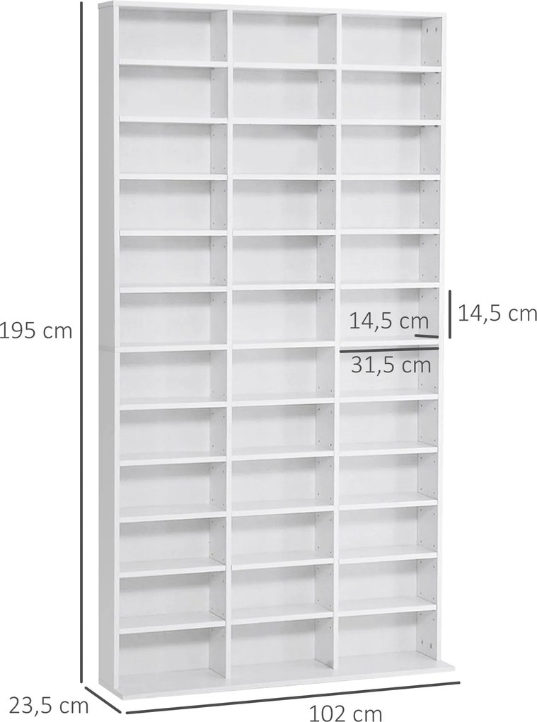 HOMCOM Police na CD/DVD - Úložný Skříň pro 1116 CD, 36 výškově nastavitelných kompartimentů, 195 x 102 x 23,5 cm, Bílá | Aosom