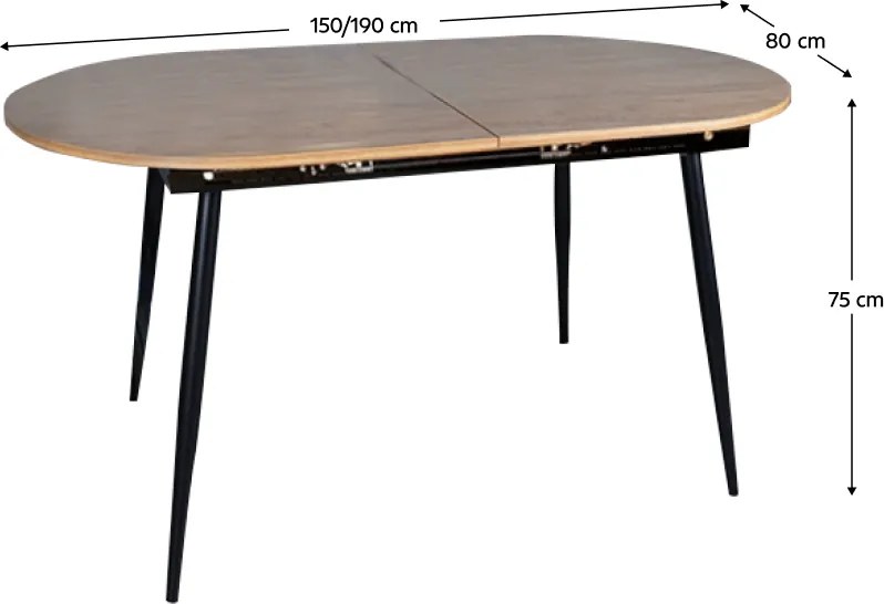 Jídelní stůl, rozkládací, dub/černá 150-190x75 cm, TAMERON