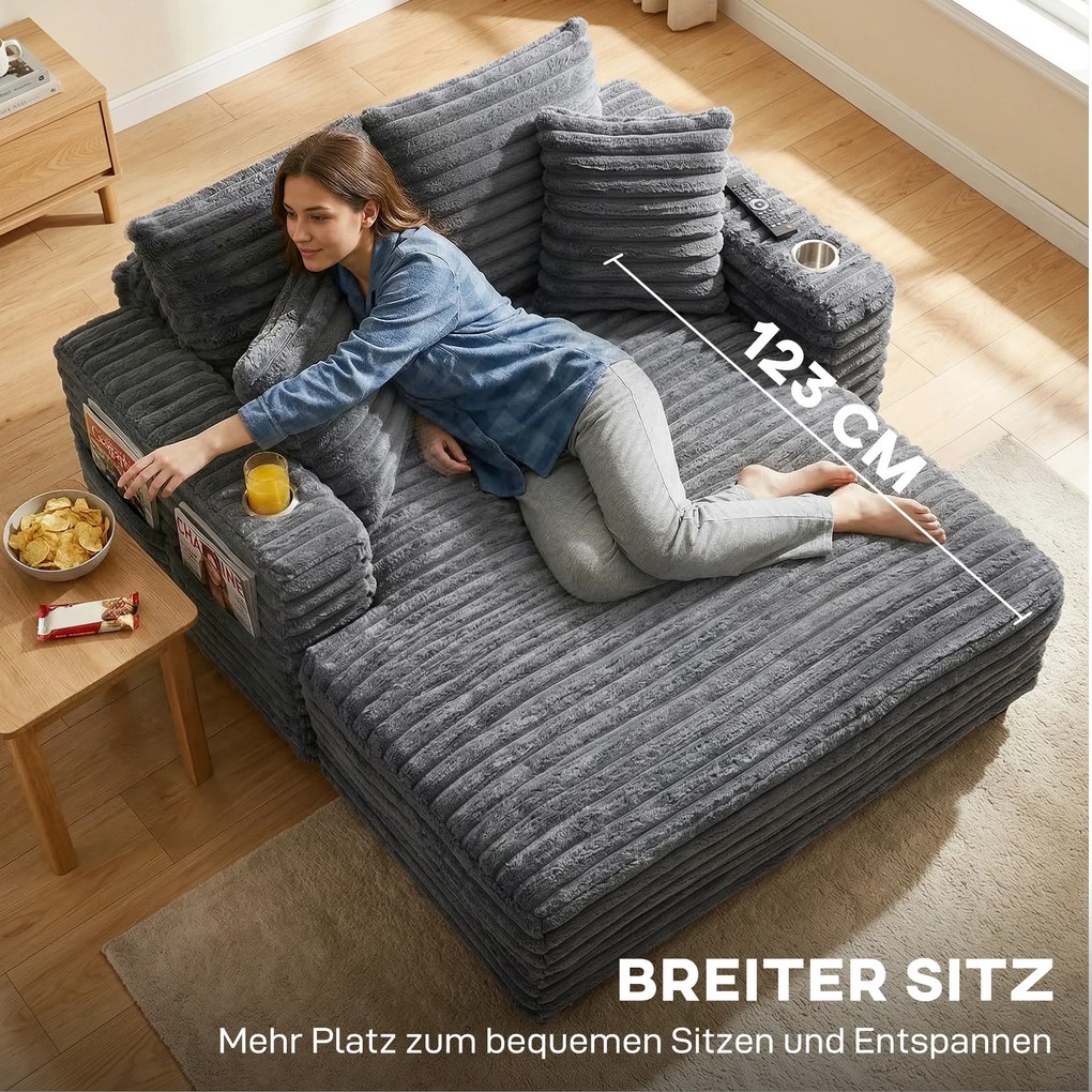 HOMCOM rozkládací pohovka pro 2 osoby s chaise, šedý kordurový potah, polštářky, područky s držáky na nápoje – 134 × 151 × 89 cm