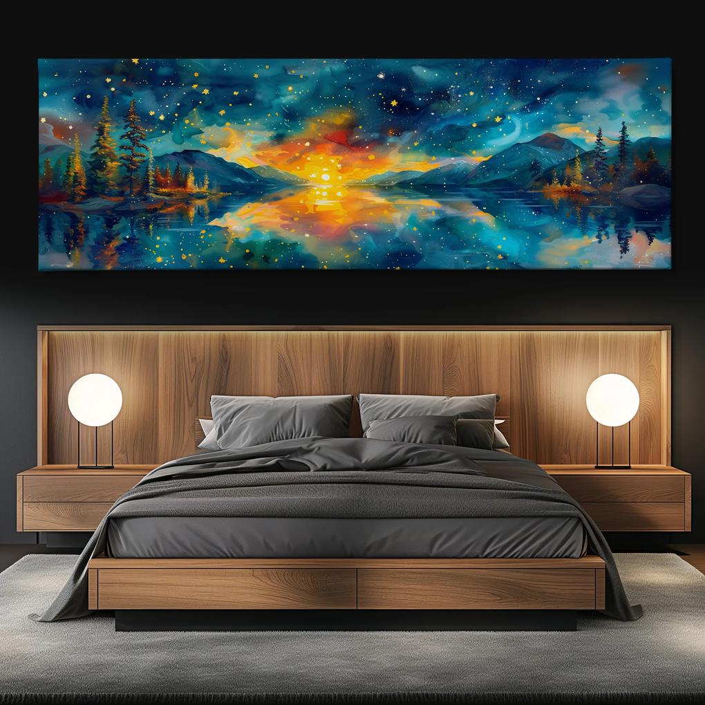 Obraz na plátně - Hvězdná noční obloha nad jezerem FeelHappy.cz Velikost obrazu: 60 x 20 cm