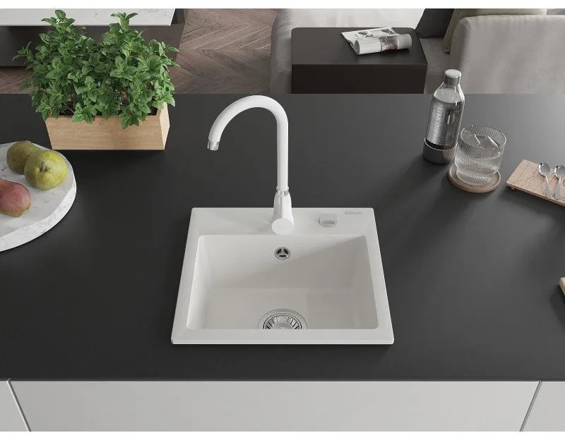 Mexen Milo, 1-komorový granitový dřez 43,5x41 cm a kuchyňská baterie Telma, bílá, 6505-20-670200-20