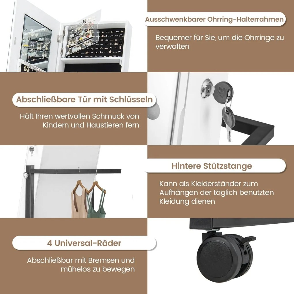 Costway Šperkovnice s kolečky Zrcadlová skříňka 4 v 1 s 3 barevnými LED světly