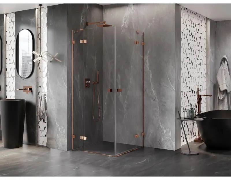 Mexen Lunar Duo, výklopný sprchový kout 105 x 105 cm, 8mm čiré sklo, profil růžové zlato, 834-105L-105P-60-00