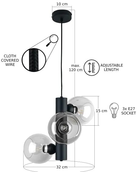 Lustr na lanku TUBE 3xE27/60W/230V černá/čirá