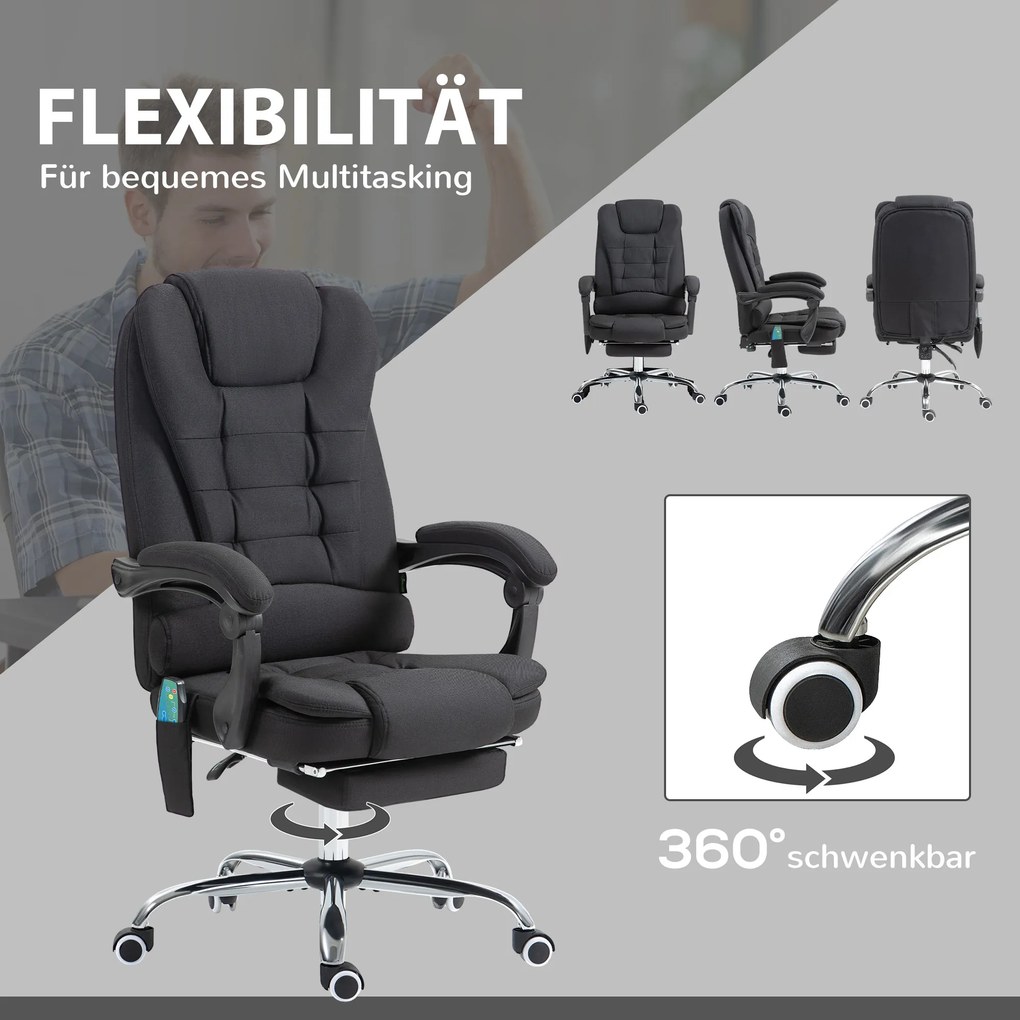 Kancelářská židle Vinsetto s masážní funkcí, ergonomická kancelářská židle s polohováním a vyhříváním, výškově nastavitelná počítačová židle s podnož…