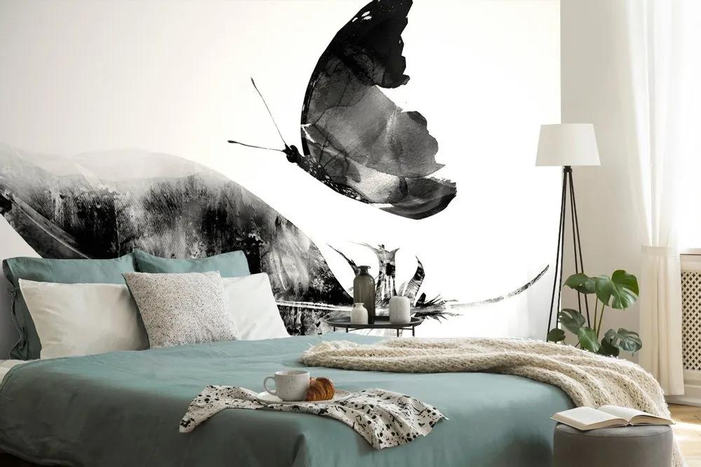 Samolepící tapeta pírko s motýlem v černobílém - 150x100 cm