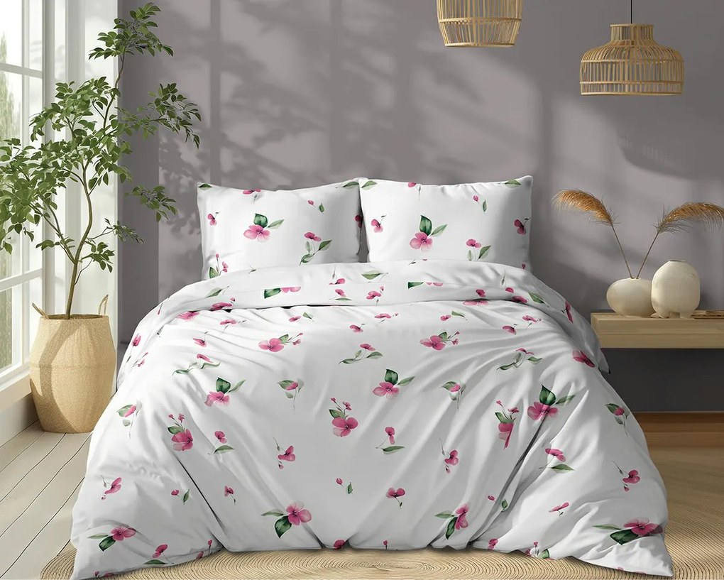 Detexpol Bavlněné ložní prádlo 160x200 bílé s růžovými květy a zelenými listy – 5769 A – Cotton Bloom