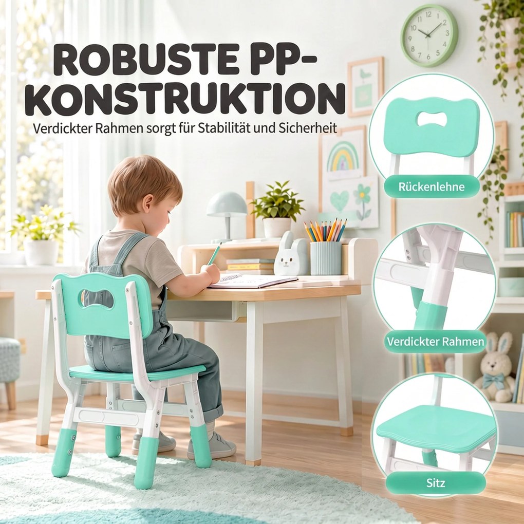 AIYAPLAY dětská židle k psacímu stolu, 2kusová sada, výškově nastavitelná 26-30 cm, ergonomické opěradlo, bez područek pro 1,5–8 let, zelená