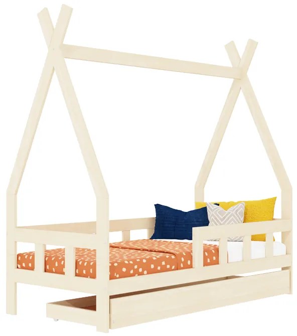 Benlemi Dětská teepee postel FENCE 4v1 ze dřeva se zábranou a úložným šuplíkem Zvolte barvu: Béžová, Zvolte rozměr: 90x190 cm, Zvolte zábranu: S jednou zábranou