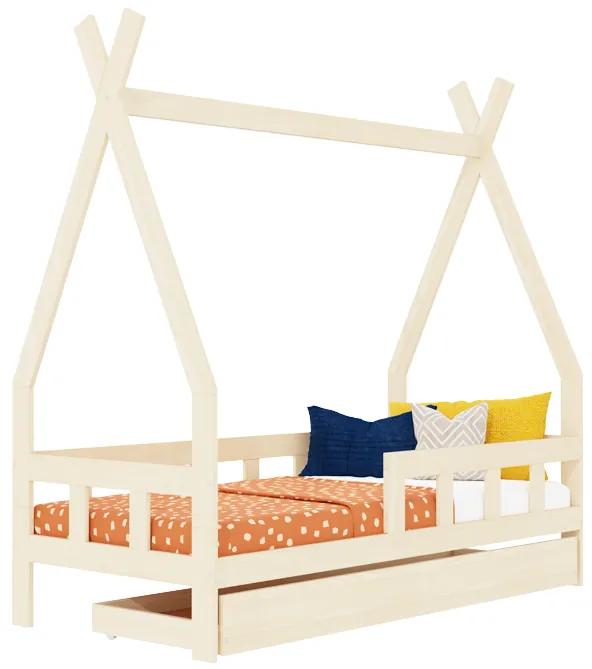 Benlemi Dětská teepee postel FENCE 4v1 ze dřeva se zábranou a úložným šuplíkem Zvolte barvu: Pastelově růžová, Zvolte rozměr: 90x160 cm, Zvolte zábranu: S otevřeným vstupem