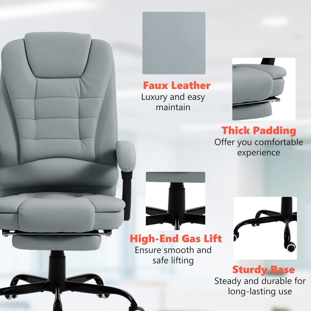 Vinsetto výkonné masážní kancelářské křeslo — ergonomické, výškově nastavitelné, polohovatelné s kabelovým ovládáním a vysouvací opěrkou nohou, otočn…