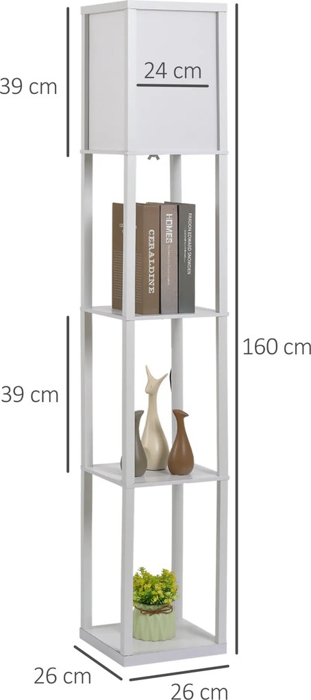 HOMCOM Stojací lampa elegantní stojací lampa se 3 policemi E27 do 40W pro obývací pokoj a ložnici E1 MDF akryl bílá 26x26x160cm | Aosom.de